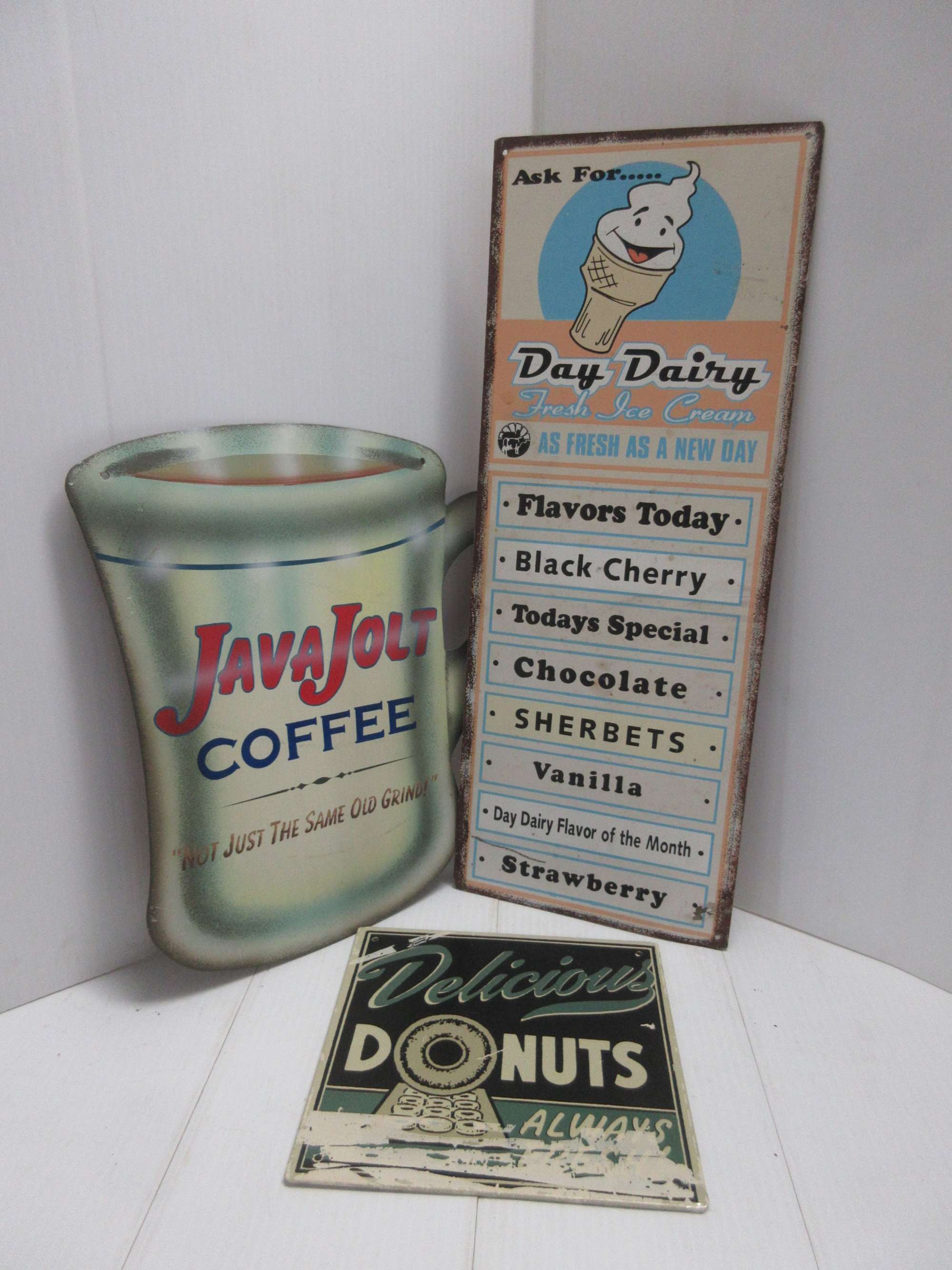 Albrecht Auctions | (3) Tin Signs: 1- Java Jolt Coffee, 1- Day Dairy ...
