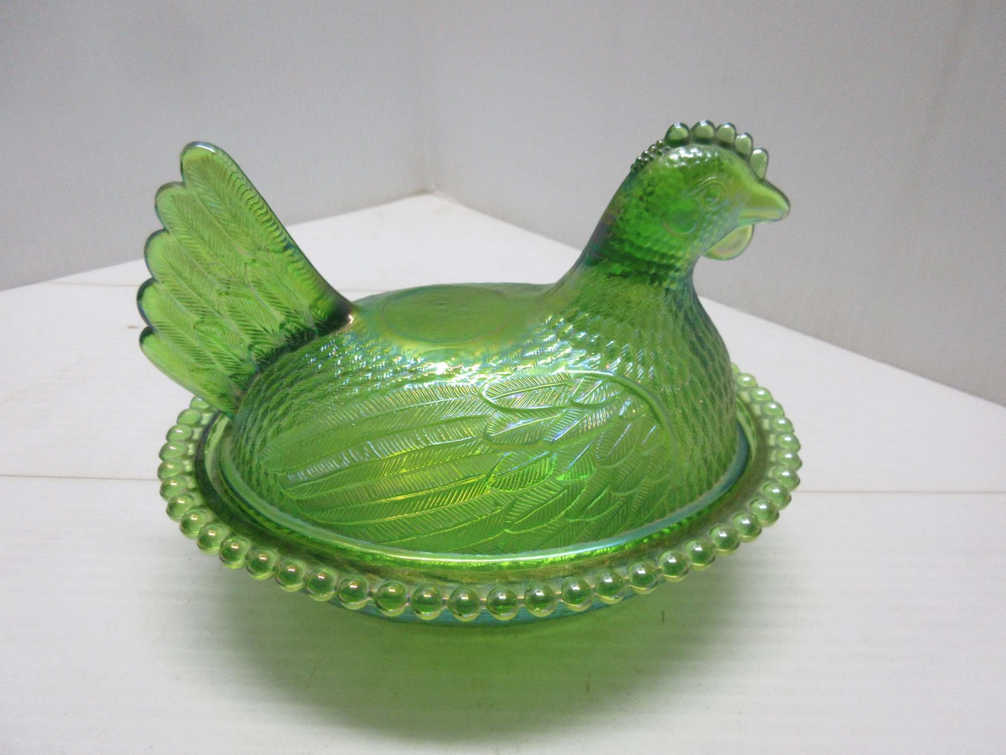 Albrecht Auctions | Older Iridescent Green Carnival Glass Nesting Hen ...