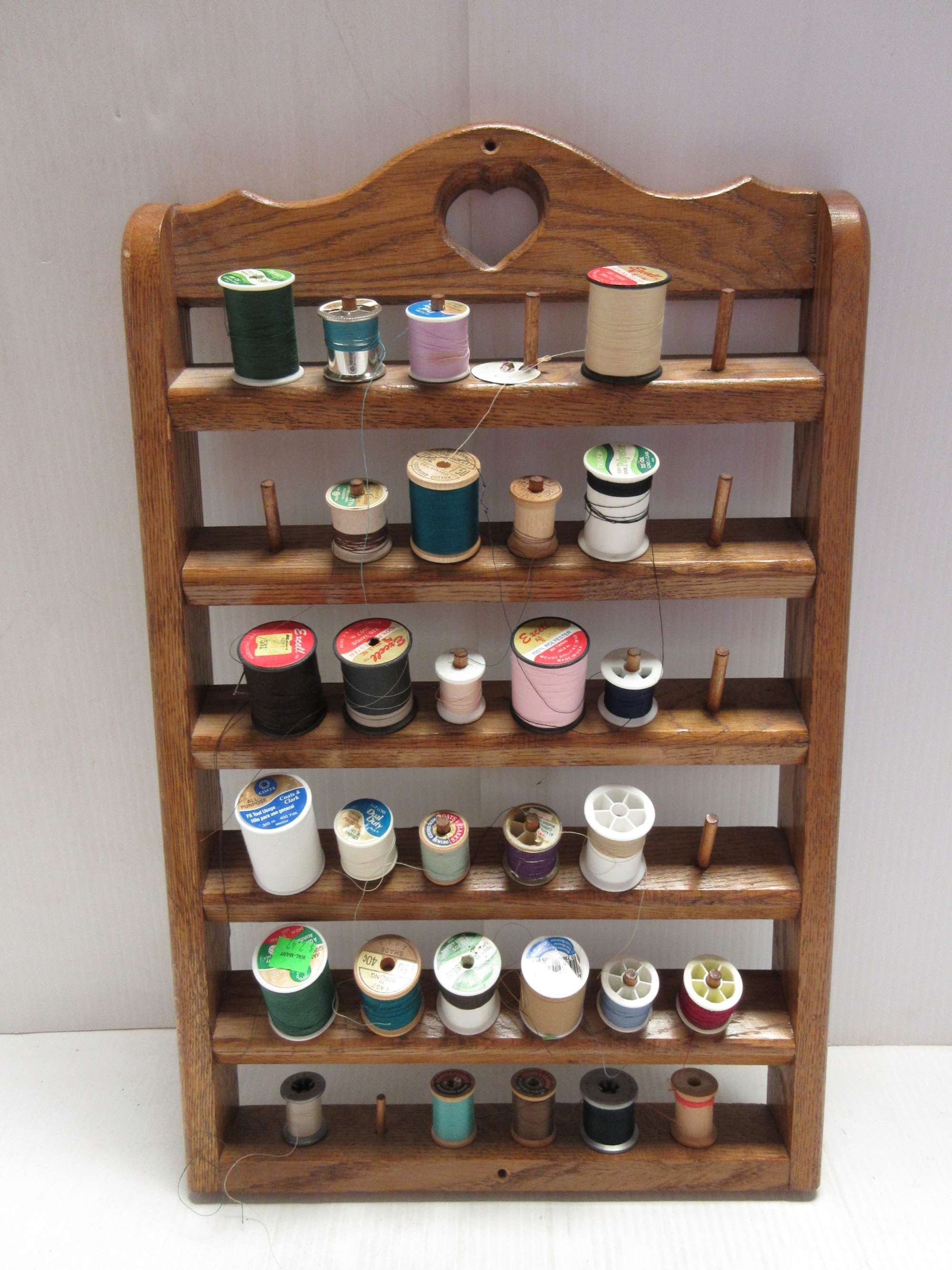 Albrecht Auctions | Oak Spool Rack with Various Spools of Thread
