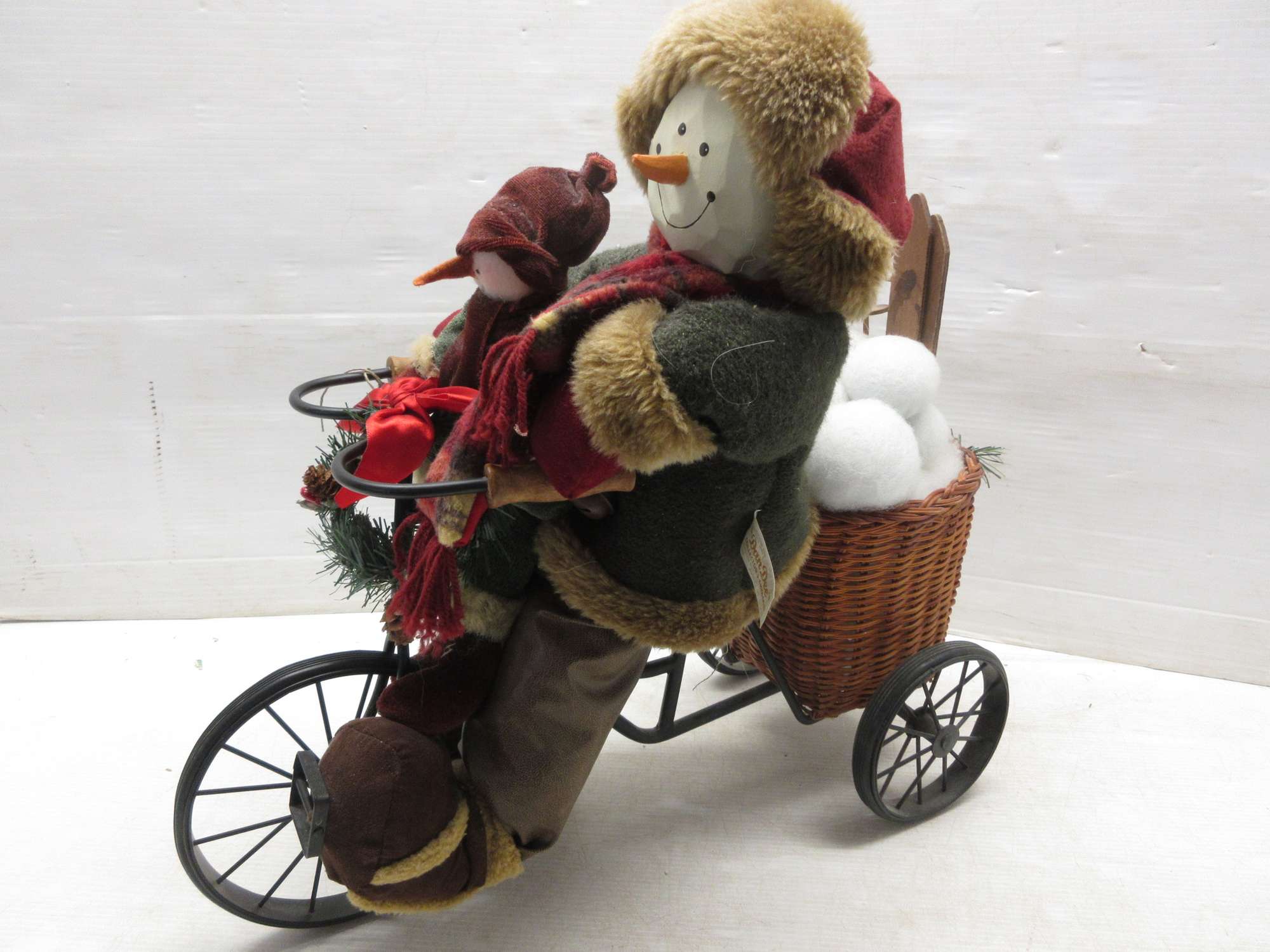 Albrecht Auctions | Snowman and Son on Bicycle with Wicker Basket Full ...