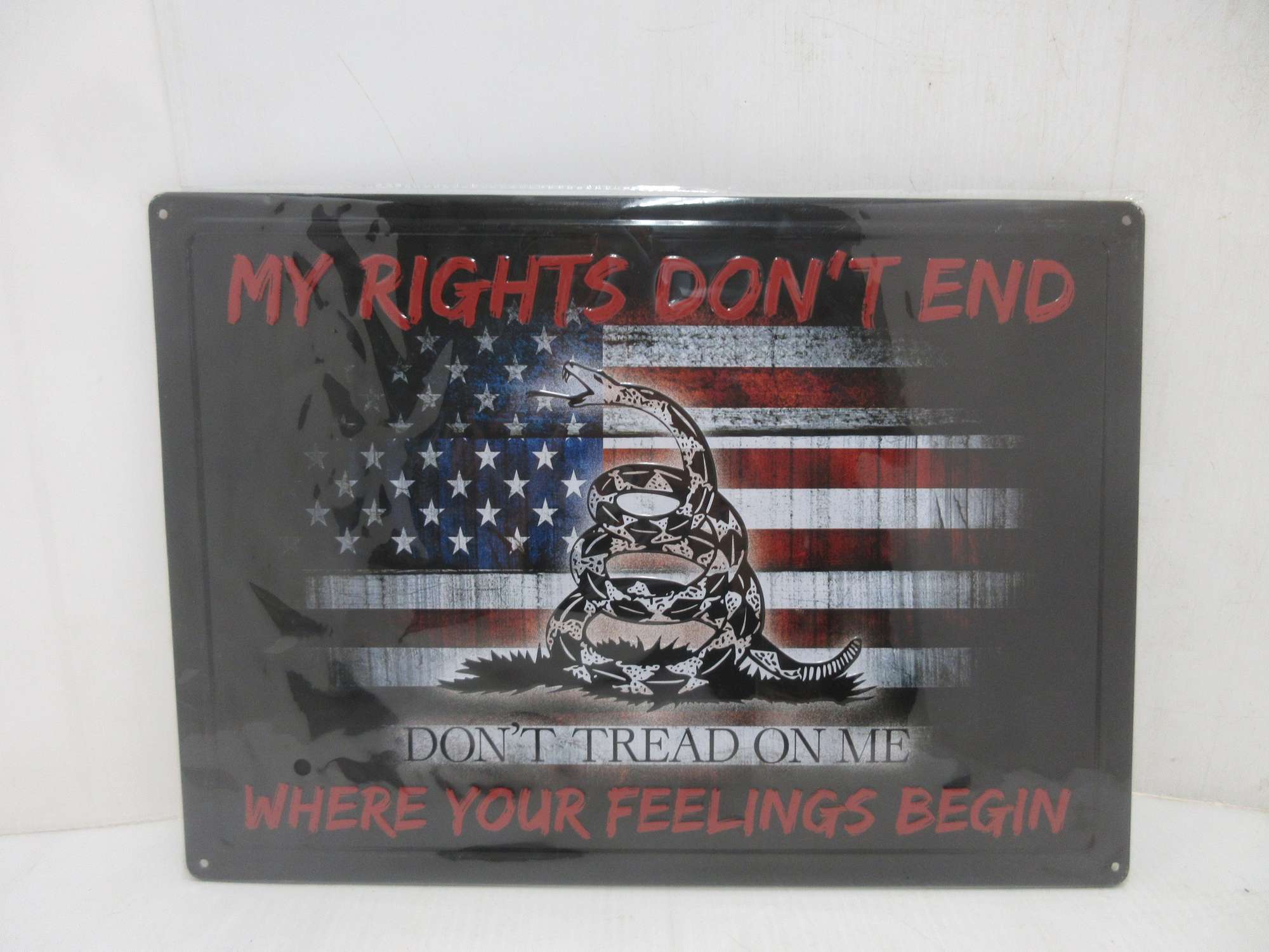Albrecht Auctions | My Rights Don't End Where Your Feelings Begin Tin Sign