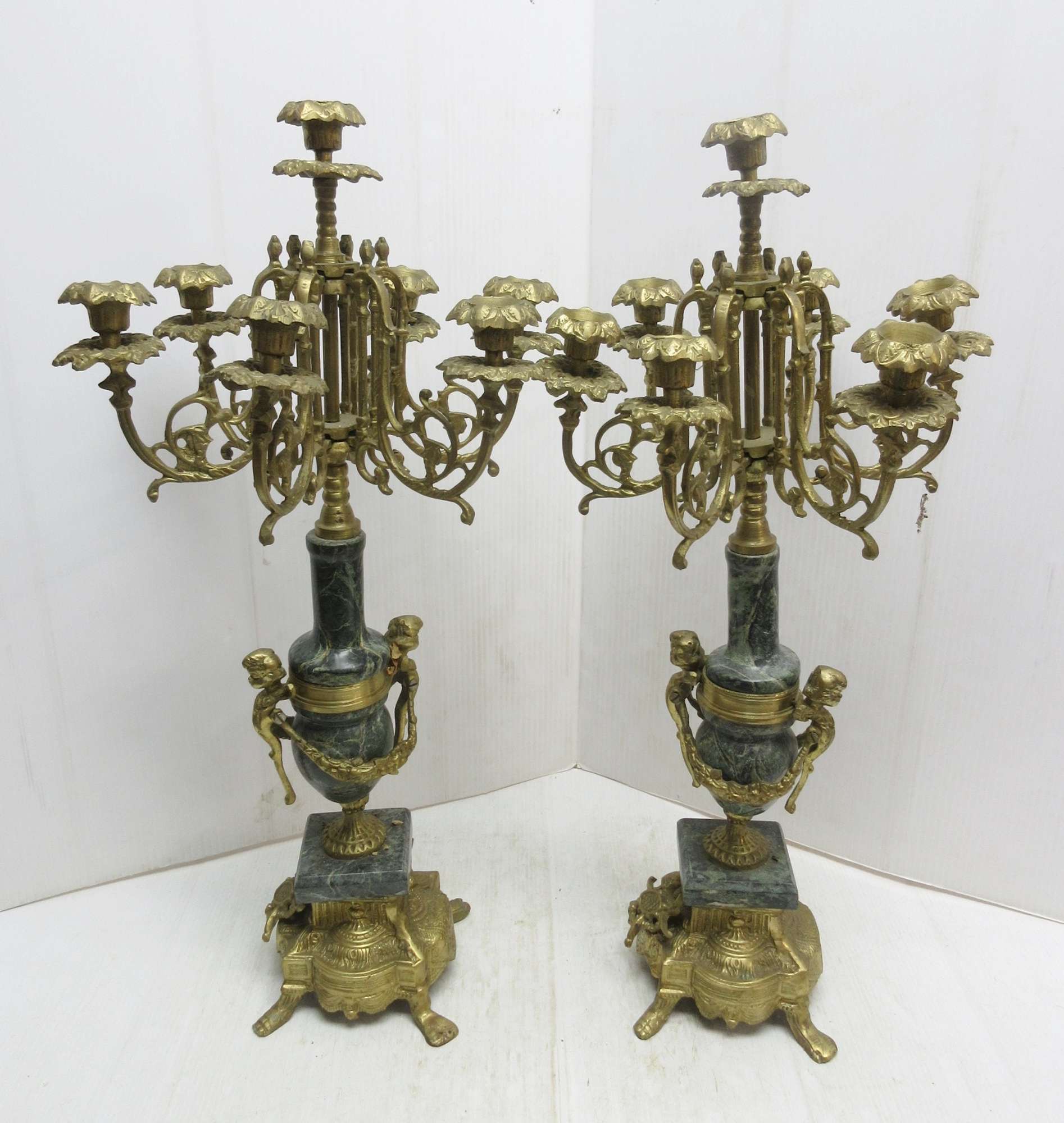 Albrecht Auctions | Pair of Italian Brevettato Brass and Marble Candelabras